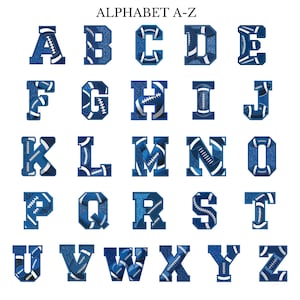 Blue Football Alphabet Letters A-Z, Numbers 0-9 | Faux Embroidery ...