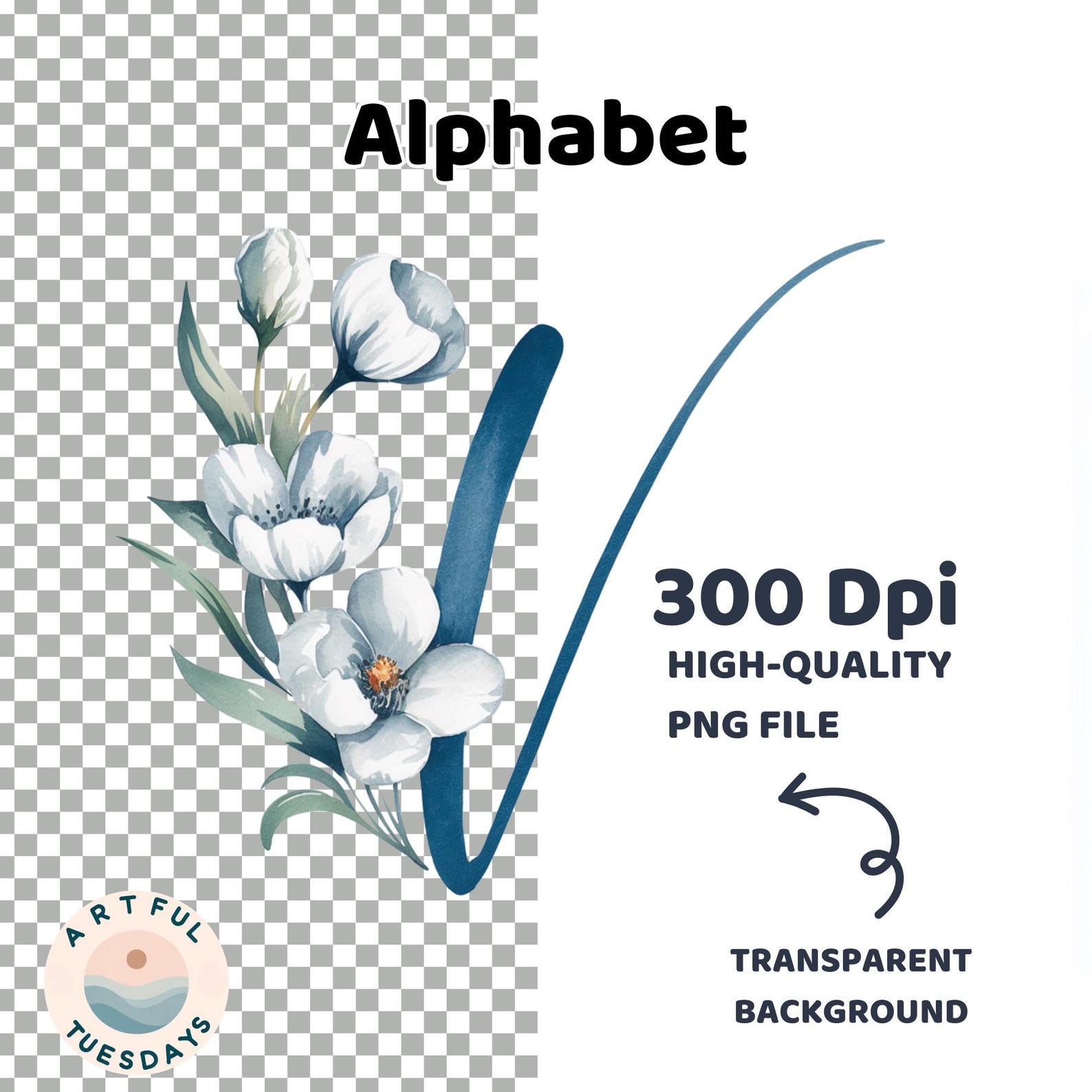 Blue Floral Watercolor Alphabet Clipart: A-Z Letters, 0-9 Numbers ...