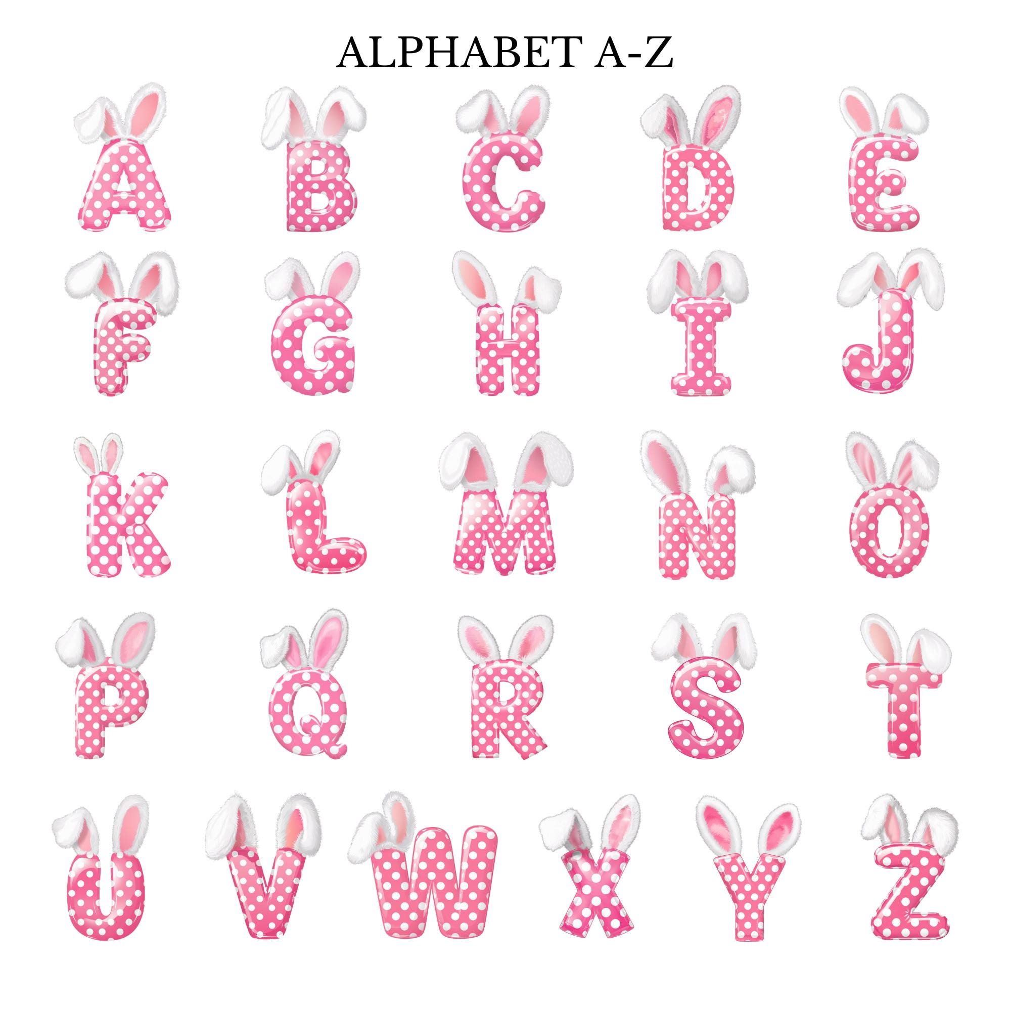 Bunny Ear Alphabet Clipart: Polka Dot Easter Letters & Numbers (PNG ...