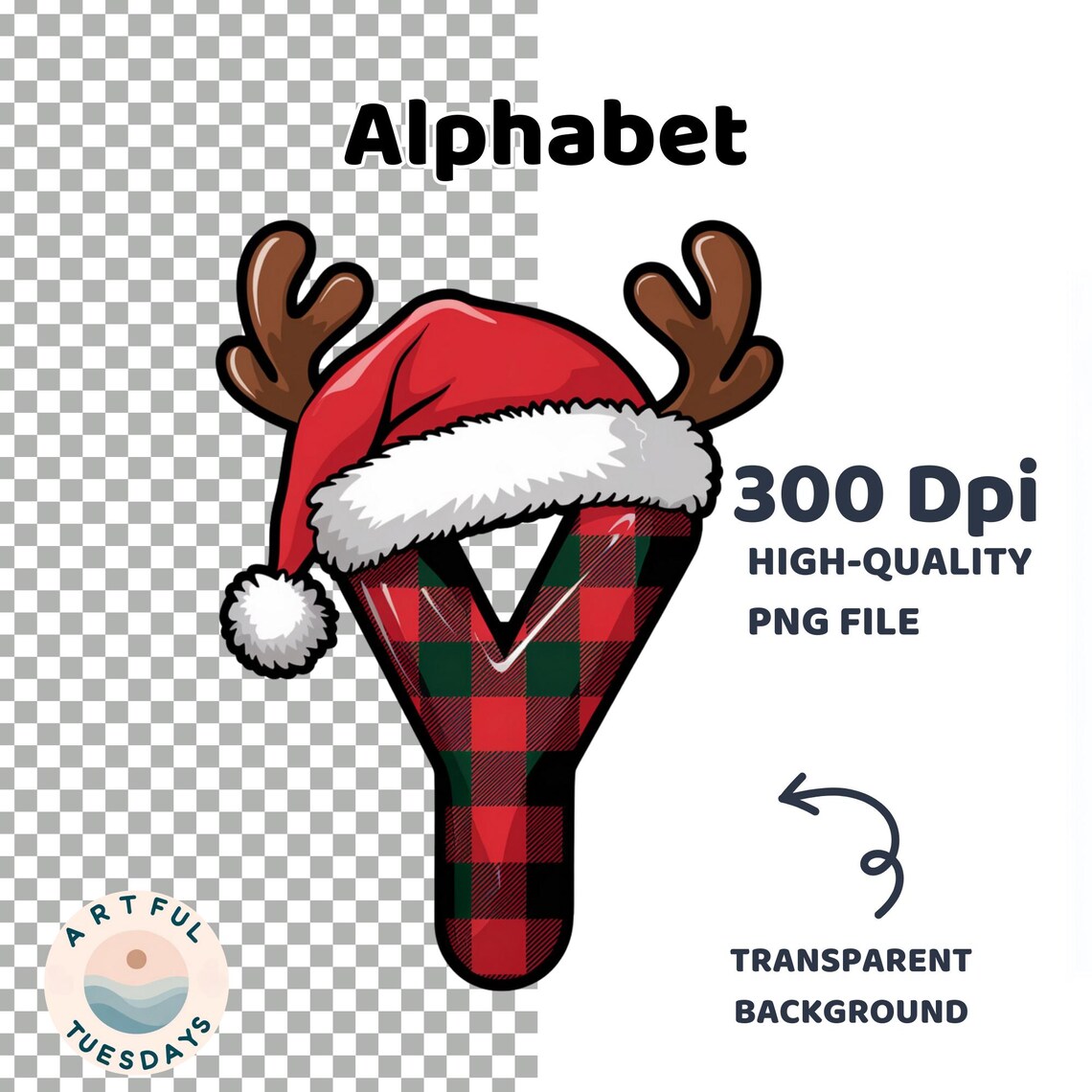 Buffalo Plaid Christmas Alphabet Clip Art: Santa Hat Antlers (digital ...