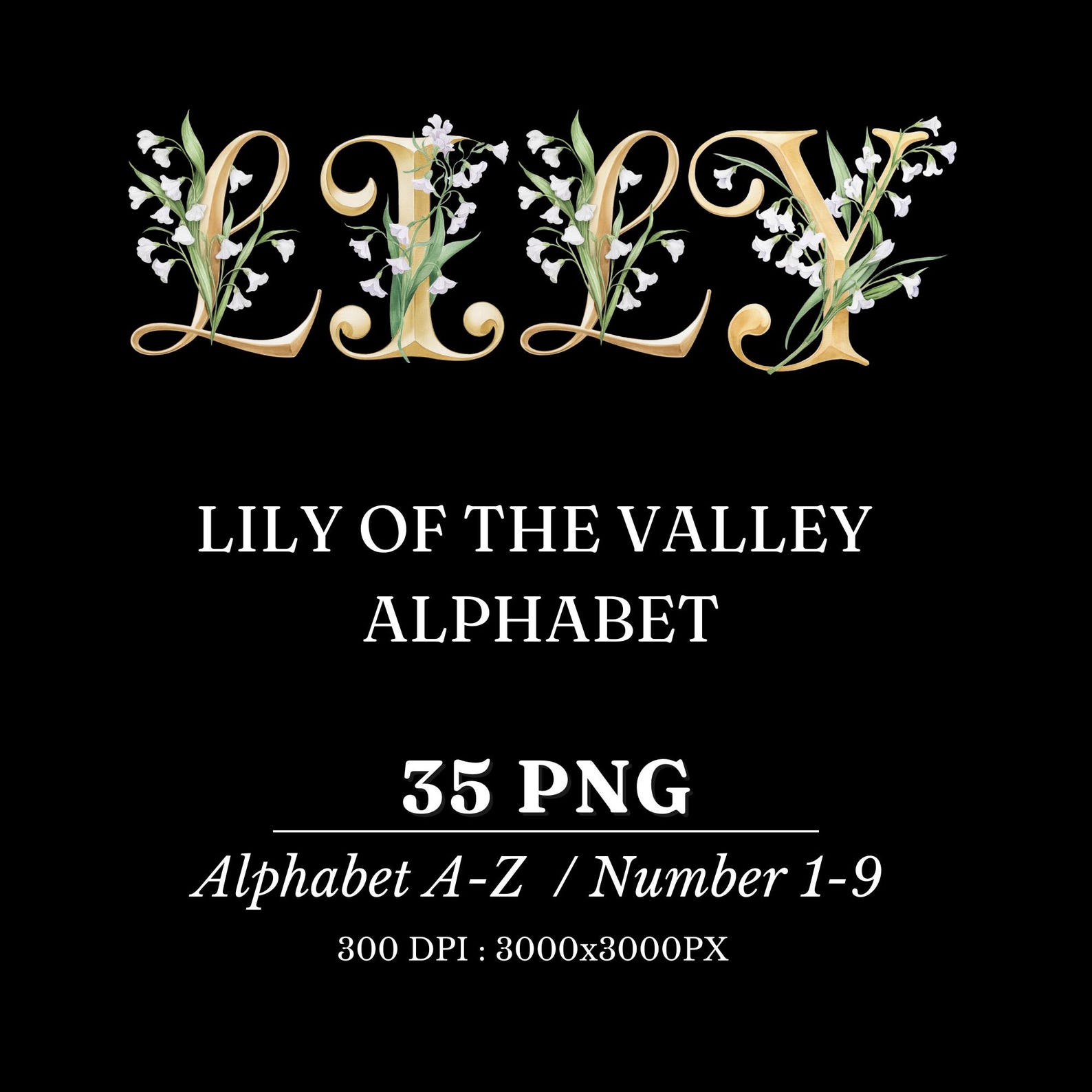 Lily of the Valley Alphabet & Numbers Clip Art, Gold Letters A-Z, 1-9 ...