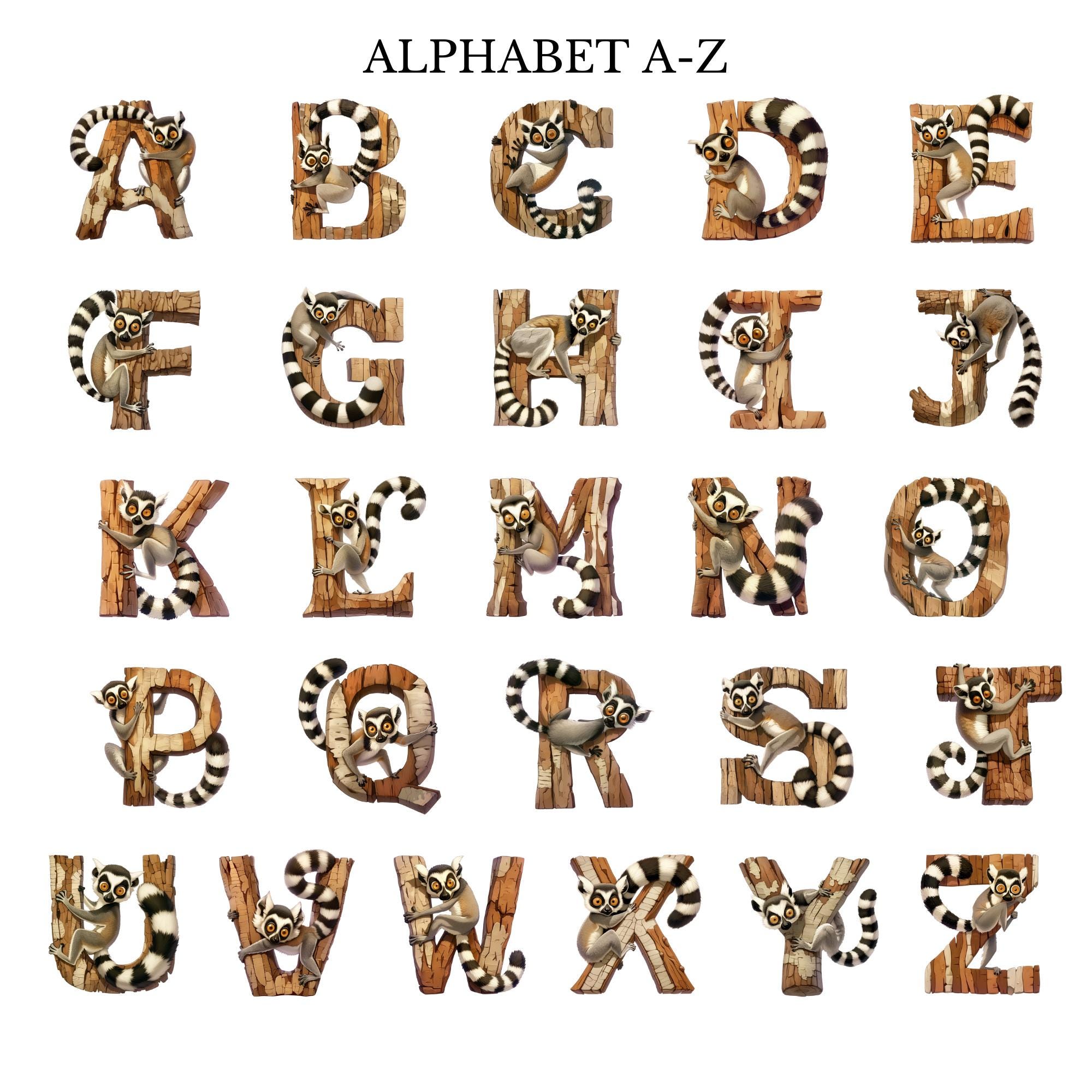 Lemur Jungle Alphabet Clipart A-Z & Numbers 1-9, Cartoon Animal Letters ...