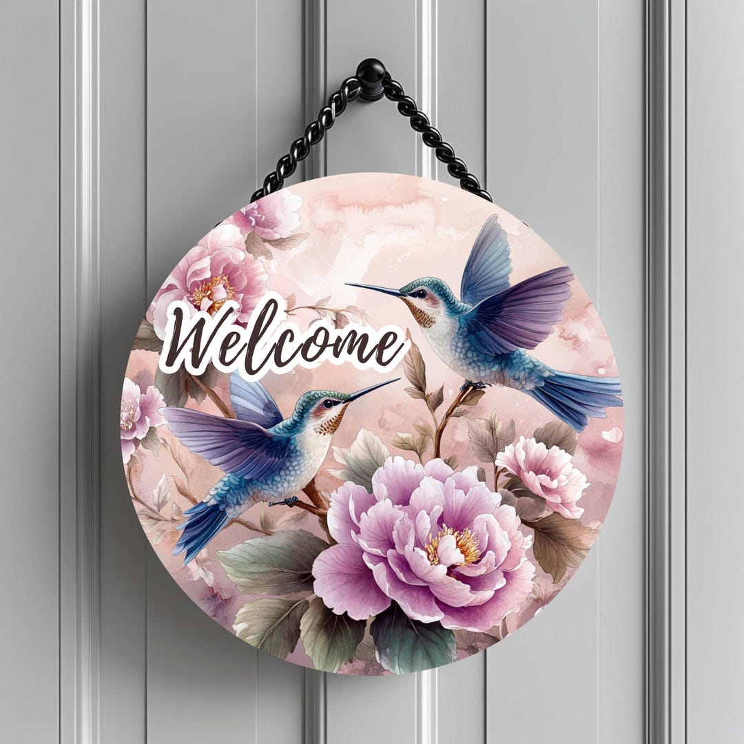 Hummingbirds Peony Floral Welcome Door Hanger - 12 Inch Round Pastel ...