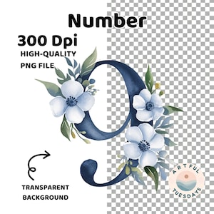 Elegant Blue Floral Alphabet Clipart | A-Z Letters & 0-9 Numbers | 300 ...