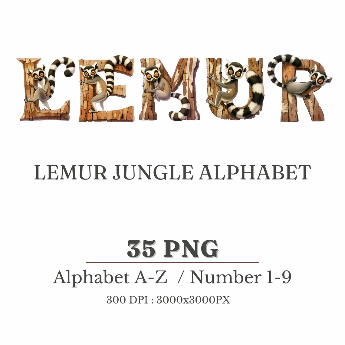 Lemur Jungle Alphabet Clipart: A-Z Letters & 1-9 Numbers (digital PNG ...