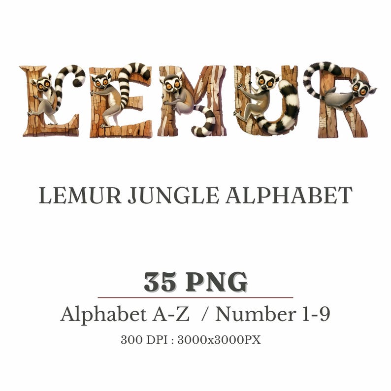 Lemur Jungle Alphabet Clipart A-Z & Numbers 1-9, Cartoon Animal Letters ...