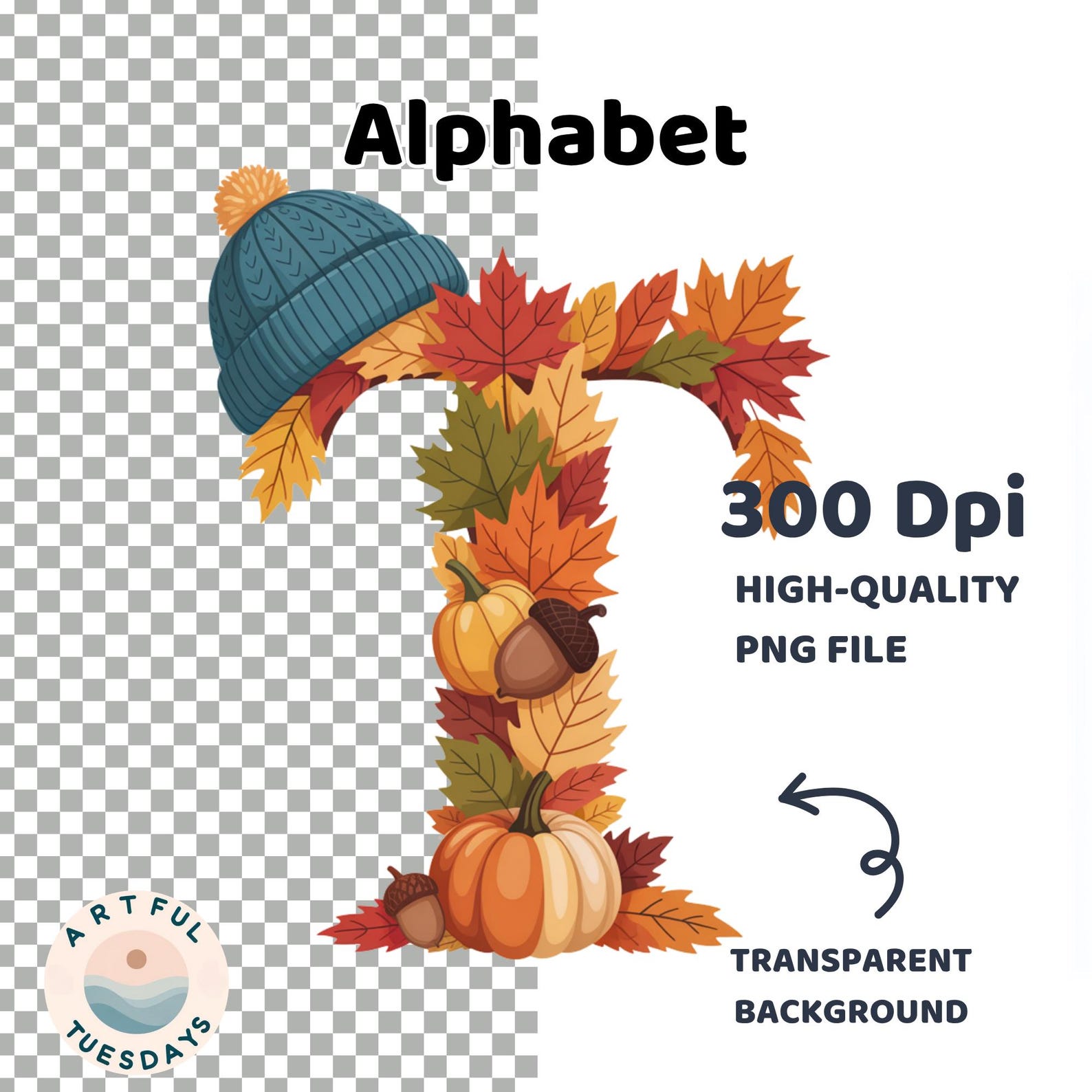 Fall Alphabet Clipart: Pumpkin & Leaf Letters With Beanies (300 DPI PNG ...