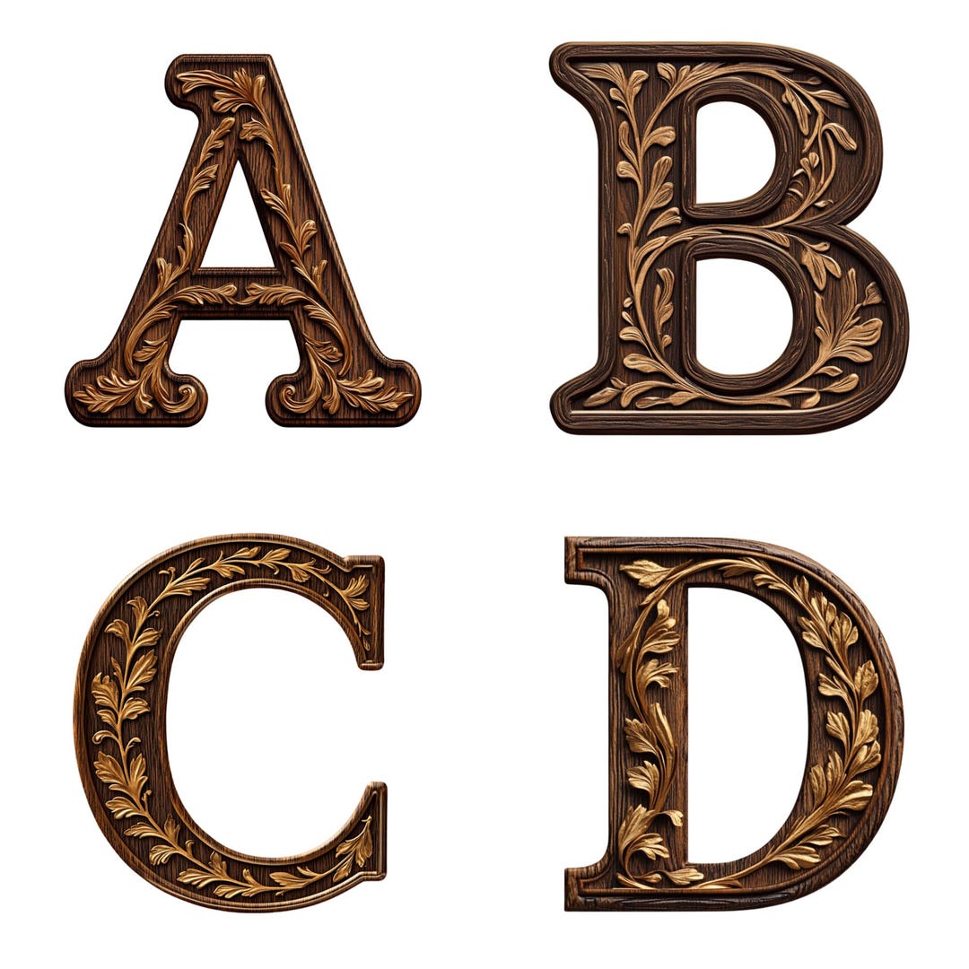 Elegant Wood Carved Alphabet Clipart, A-Z Letters & 1-9 Numbers PNG ...