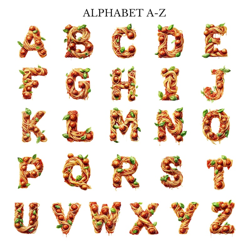 Spaghetti Meatball Alphabet Clipart: A-Z, 1-9 PNG (digital Download) - Etsy
