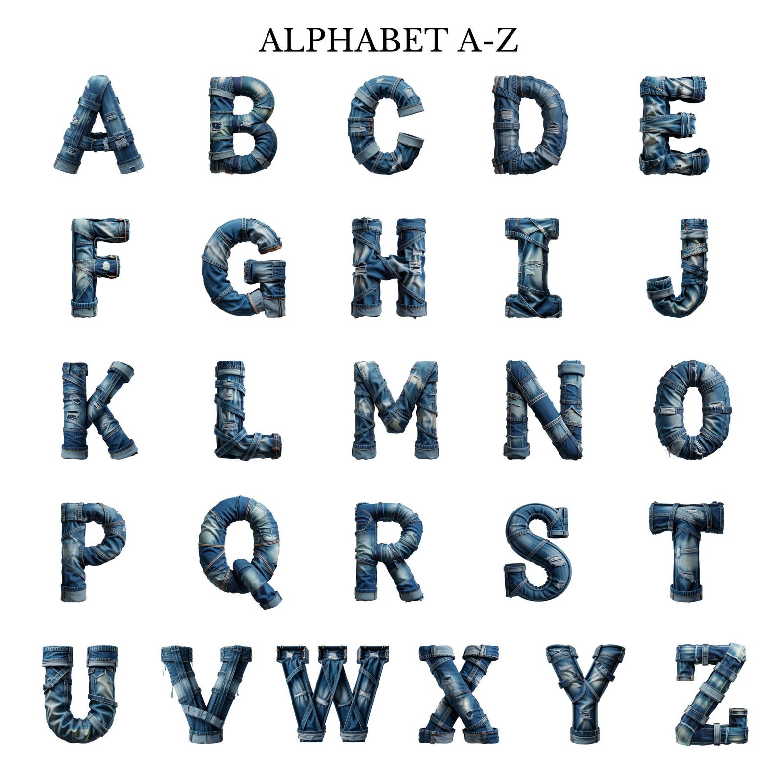 Denim Alphabet Clipart: Blue Jeans Letters A-Z, 1-9 (PNG, Digital ...