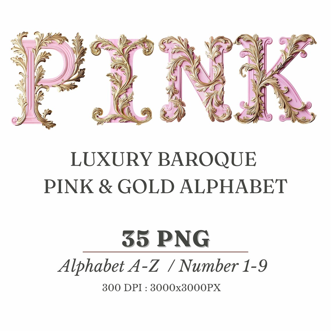 Baroque Pink & Gold Alphabet Clipart: Ornate 3D Letters (PNG Digital ...
