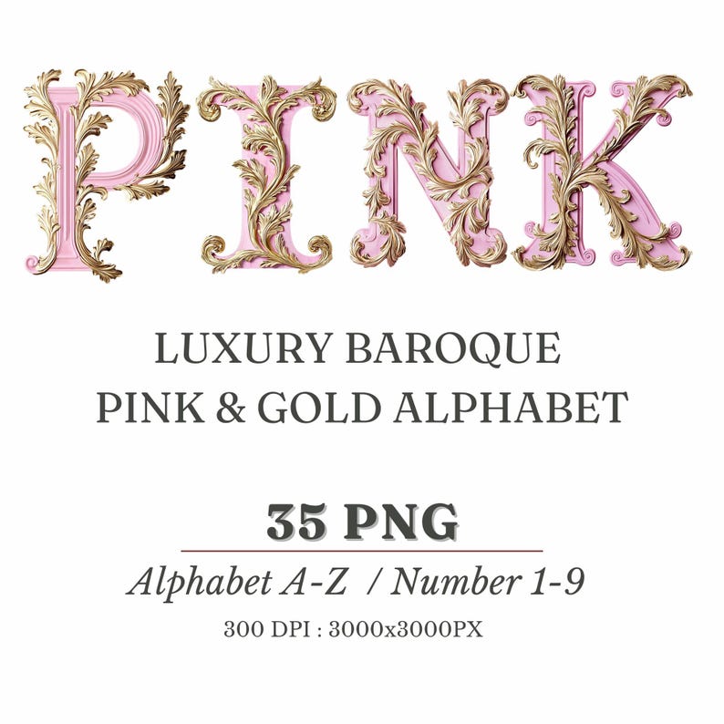 Luxury Baroque Pink & Gold Alphabet A-Z Numbers 1-9 PNG, Ornate Letters ...