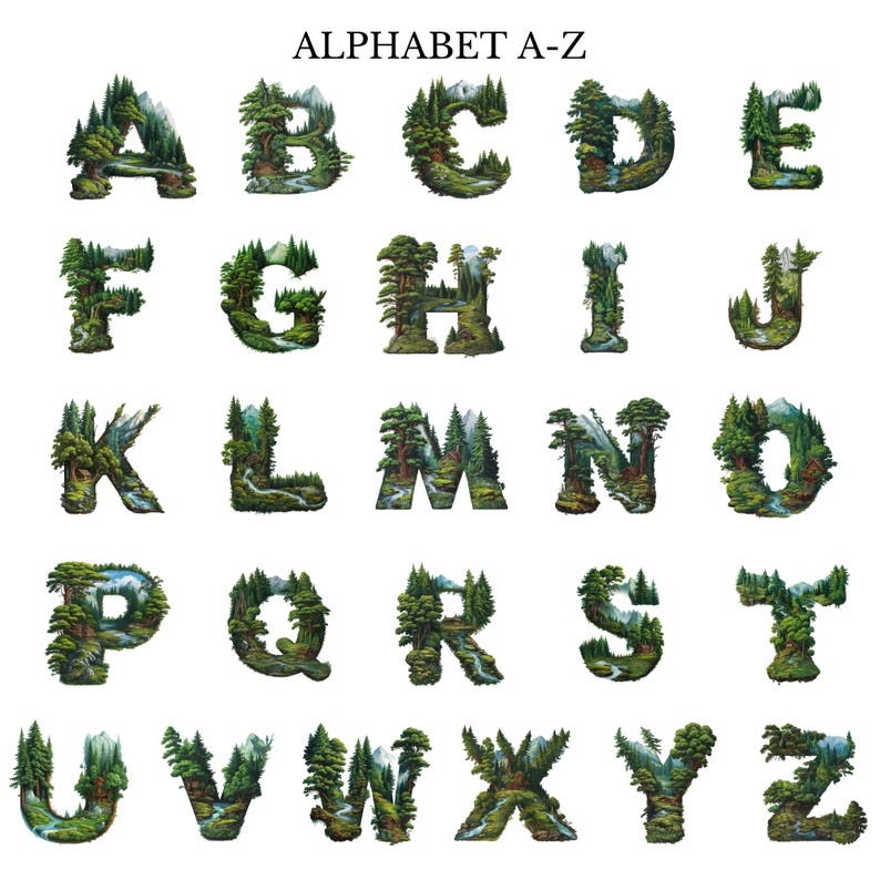 Watercolor Woodland Alphabet and Numbers | A-Z Letters, 1-9 PNG | Green ...