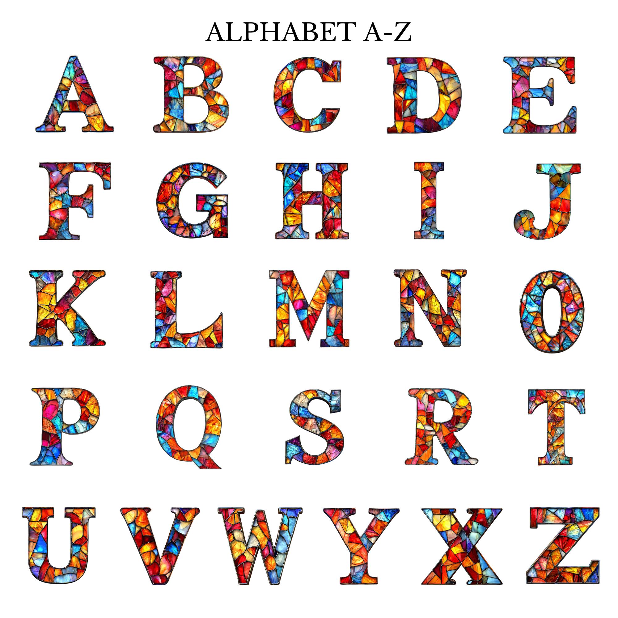 Colorful Stained Glass Alphabet A-Z & Numbers 1-9 Clip Art, Mosaic Font ...