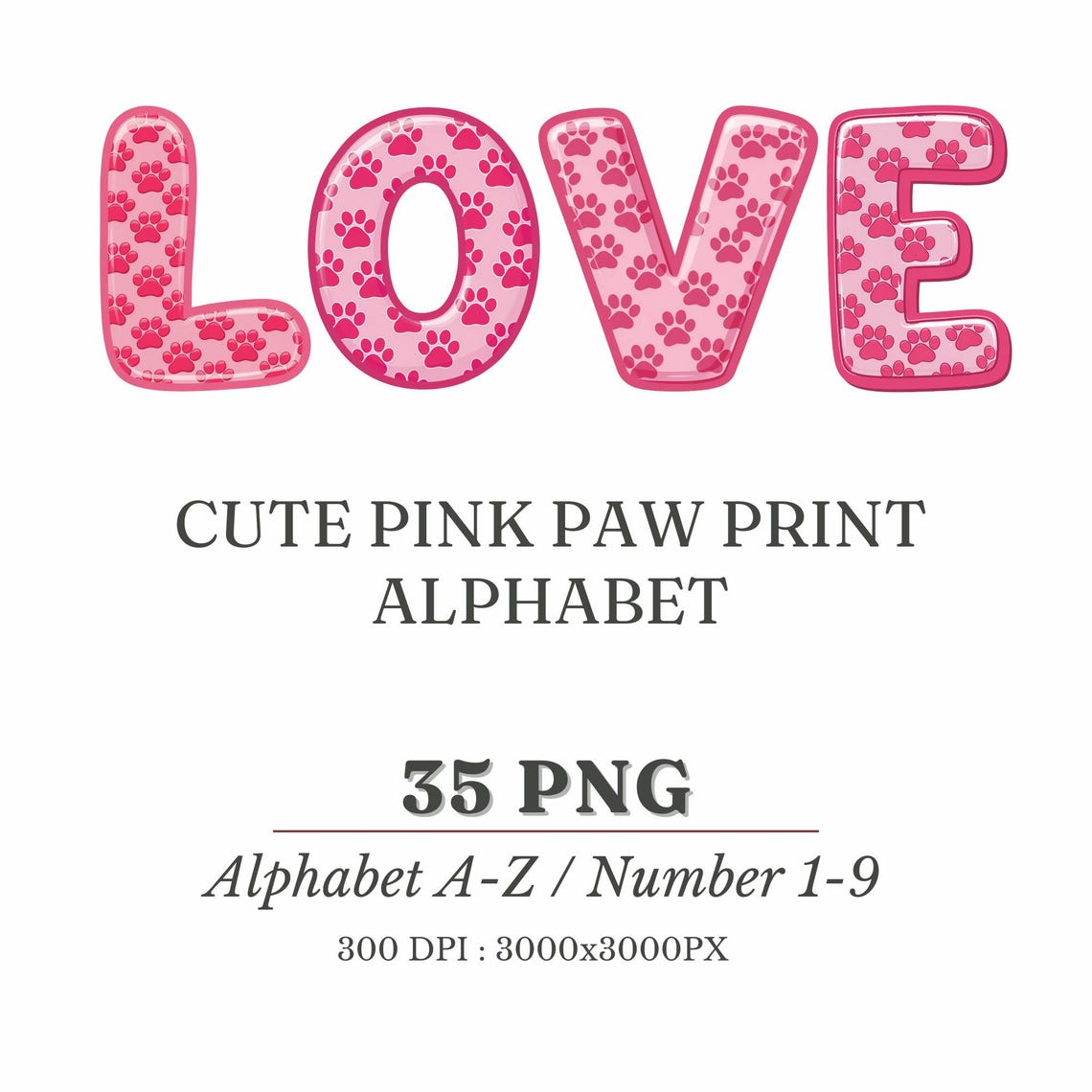 Cute Pink Paw Print Alphabet A-Z & Numbers 1-9 Clip Art, 300 DPI PNG ...