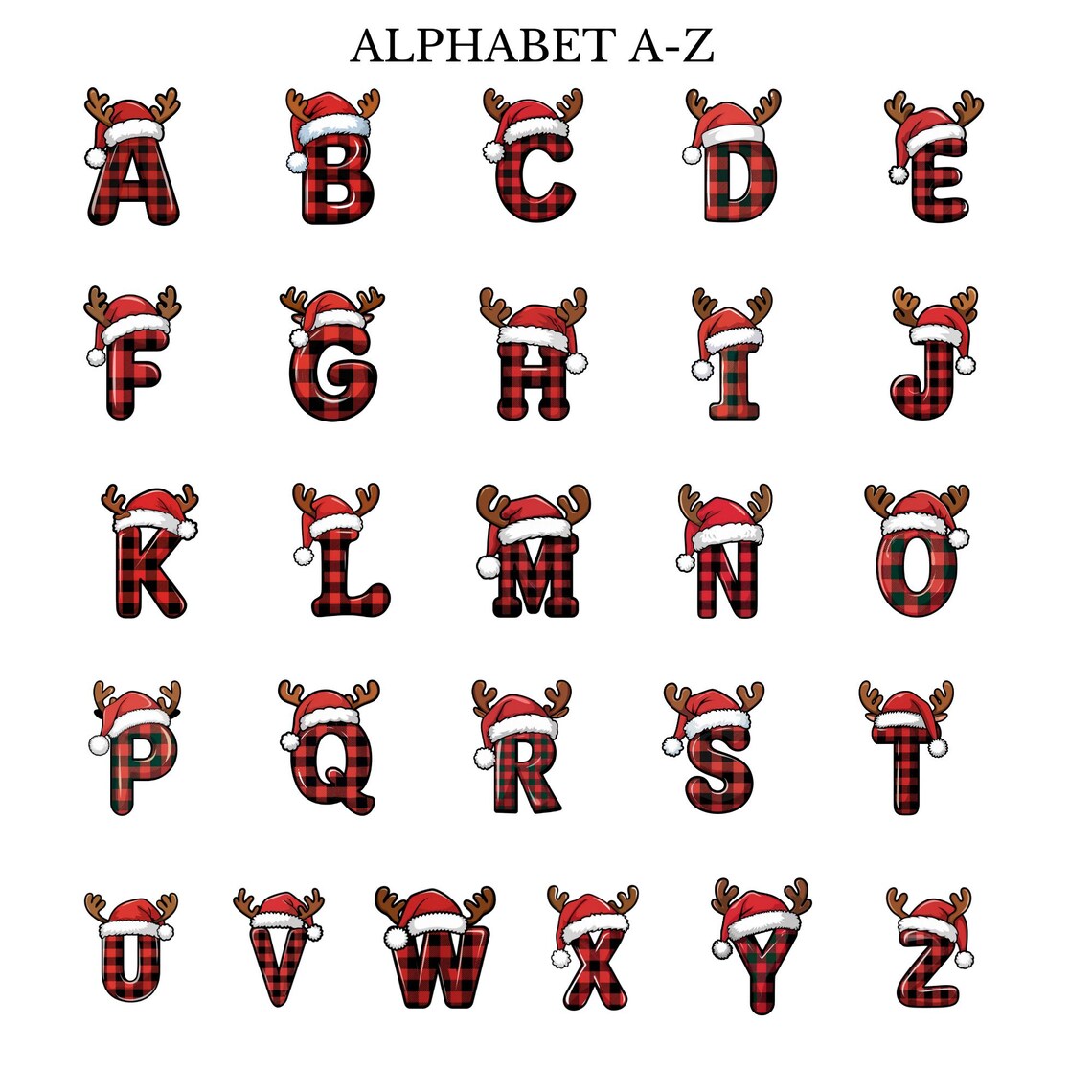 Buffalo Plaid Christmas Alphabet Clip Art: Santa Hat Antlers (digital ...