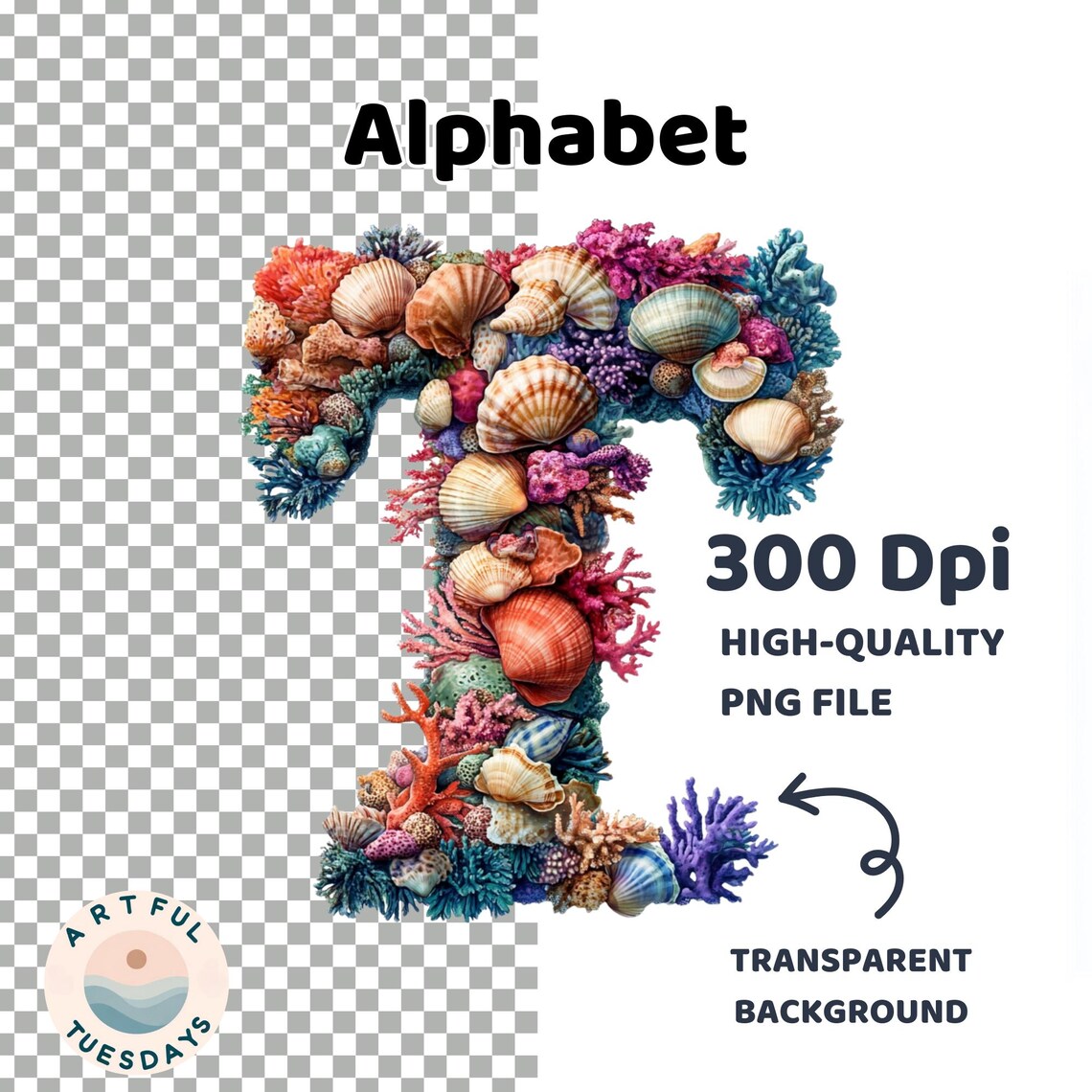 Ocean Alphabet Clip Art: Seashell Coral Letters (PNG Digital Download ...