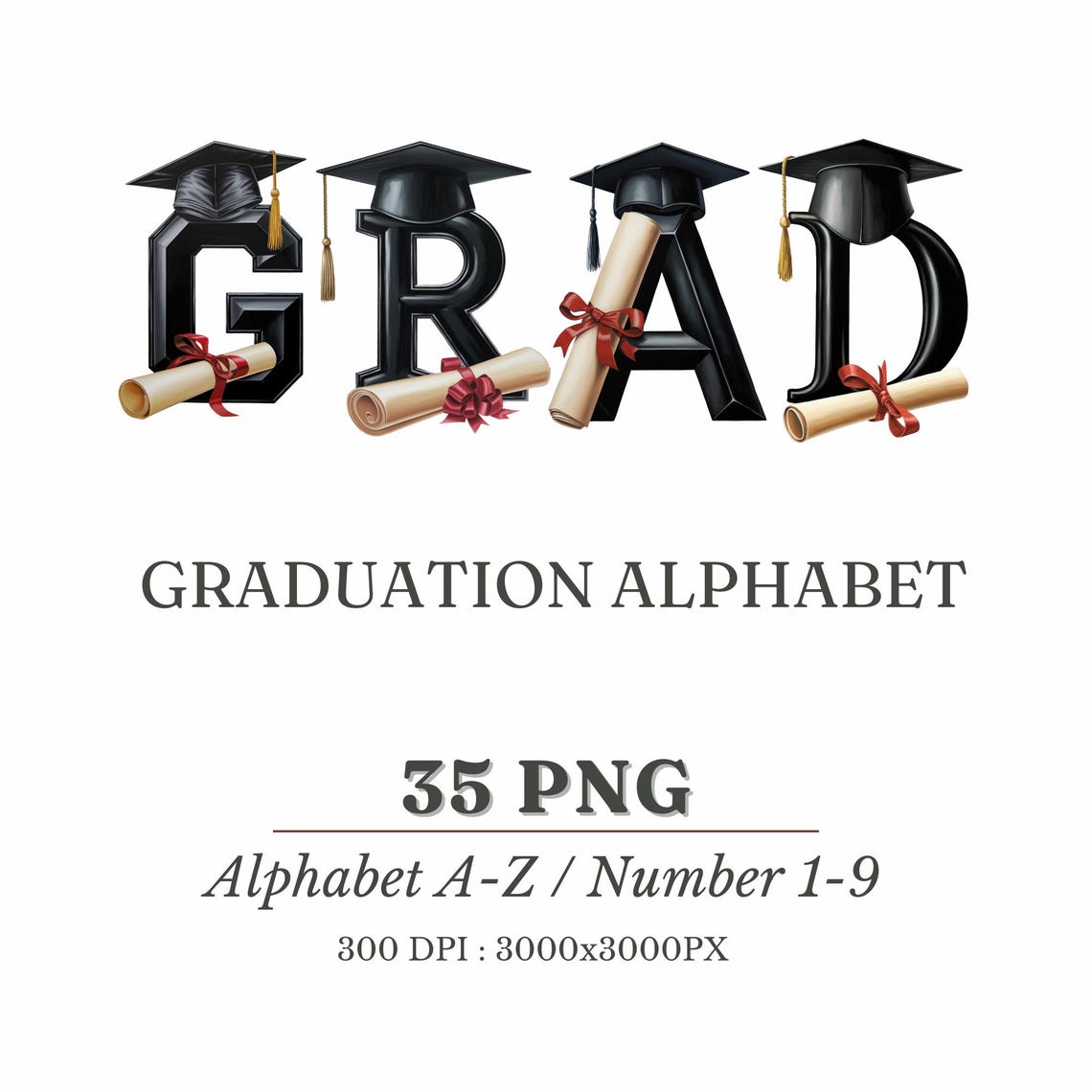 Graduation Cap Alphabet Clipart: A-Z Letters & Numbers (PNG Digital ...