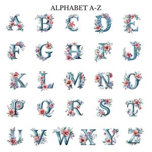 Floral Alphabet A-Z Numbers 1-9 Clip Art - 300 DPI PNG - Elegant Flower ...