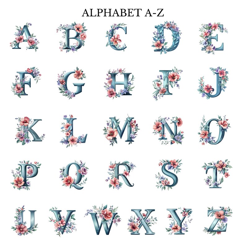 Floral Alphabet Clip Art: Elegant Flower Letters & Numbers (PNG Digital ...