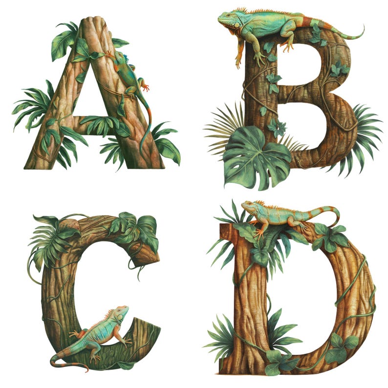 Tropical Jungle Alphabet A-Z Numbers 1-9 Clip Art - 300 DPI PNG - Lush ...