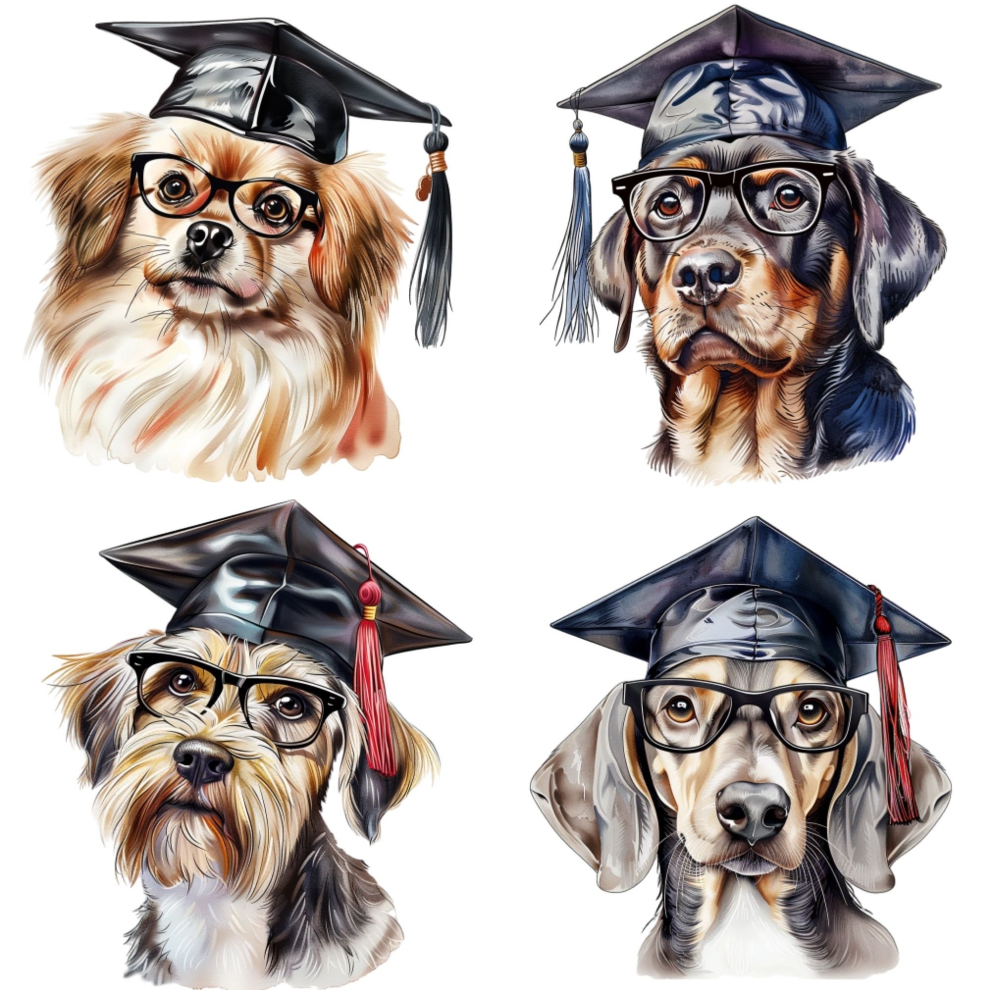 Graduated Dogs Clipart - Many Breeds With Caps and Glasses, 300 DPI PNG ...