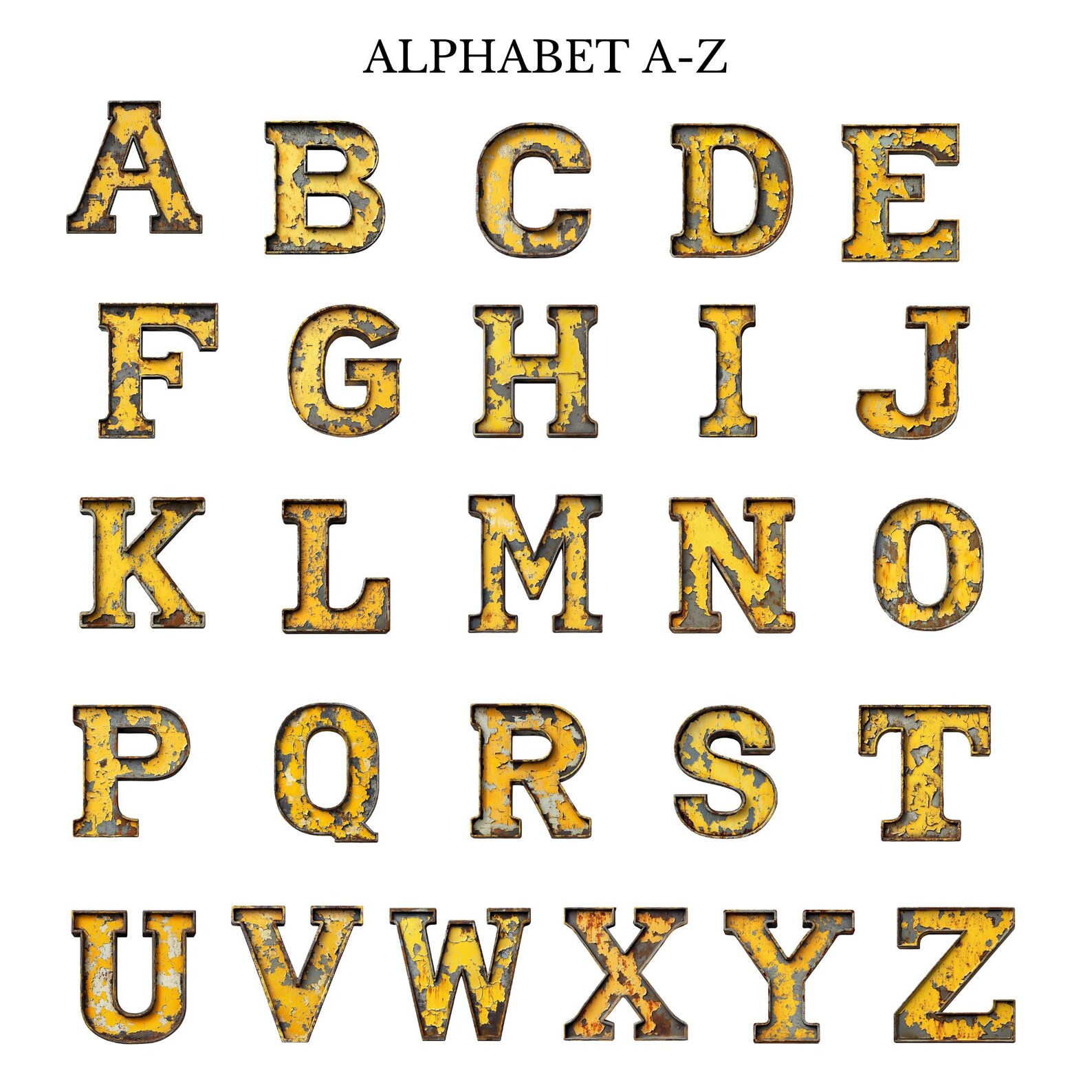 Industrial Distressed Alphabet Clipart: 3D Yellow Metal Letters (PNG ...
