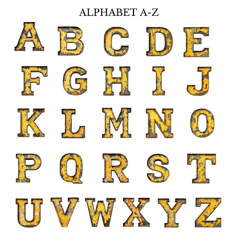 Industrial Distressed Alphabet Clipart: 3D Yellow Metal Letters (PNG ...