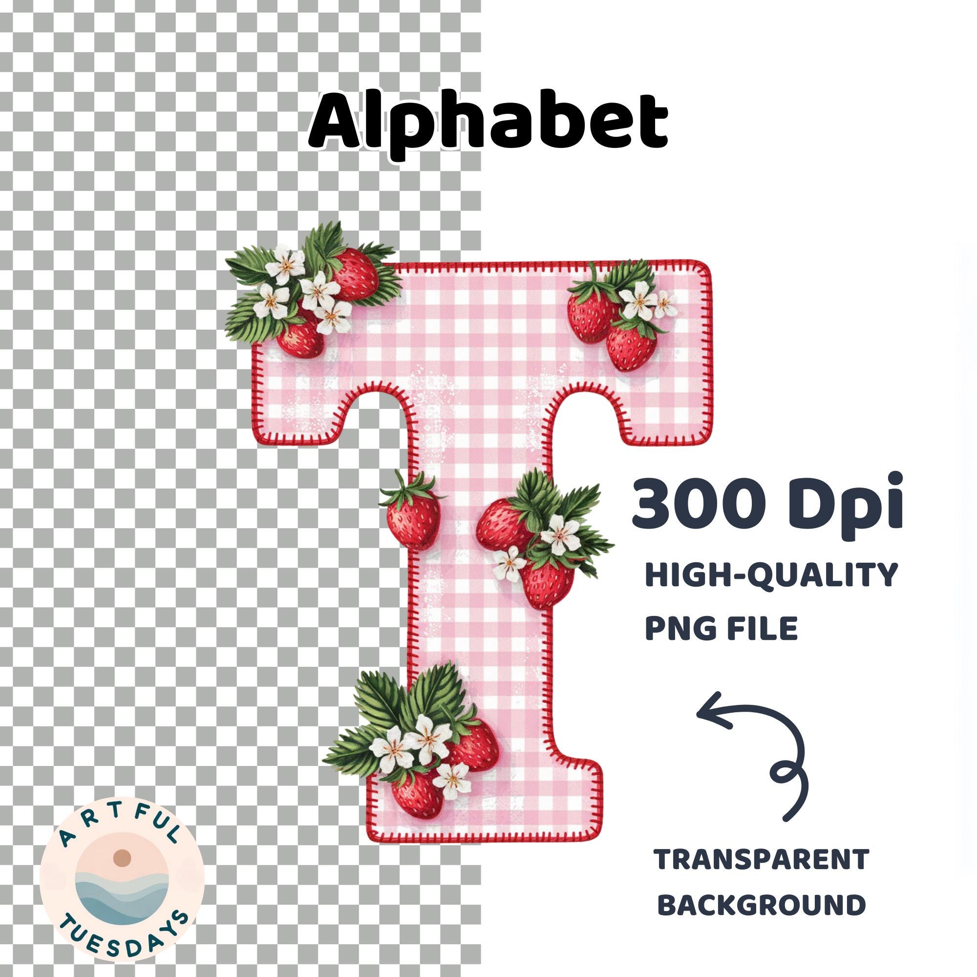Strawberry Floral Alphabet Clip Art: Pink Gingham Letters & Numbers ...