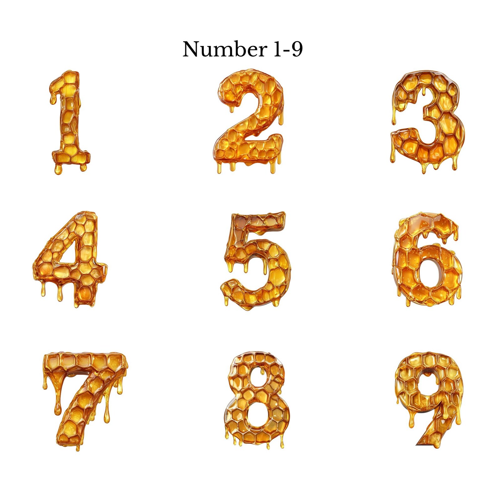 Honeycomb Alphabet A-Z & Numbers 1-9 Clipart, Dripping Honey Letter ...