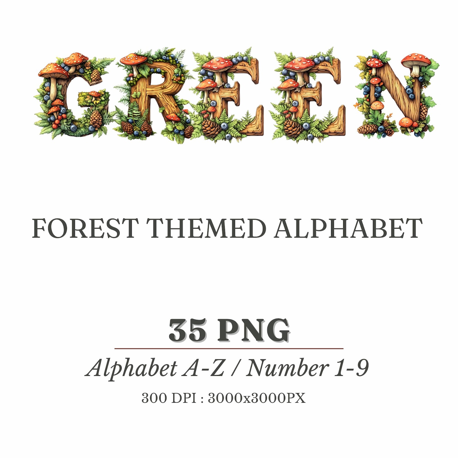 Forest Alphabet Clip Art: 3D Moss & Mushroom Letters (digital Download ...