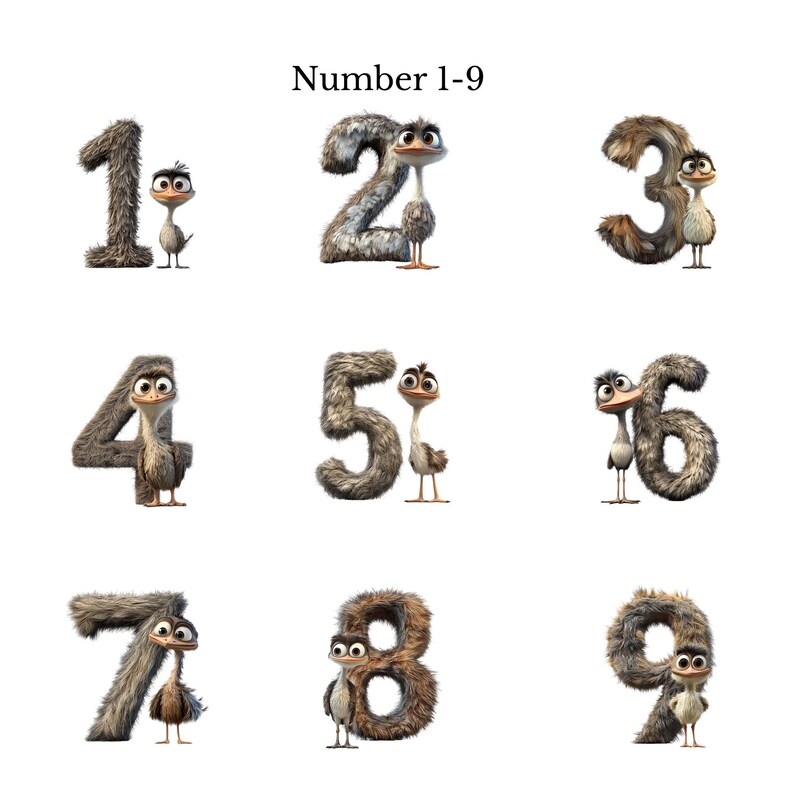Quirky Emu Alphabet Clipart A-Z & Numbers 1-9, Furry Textured Letters ...