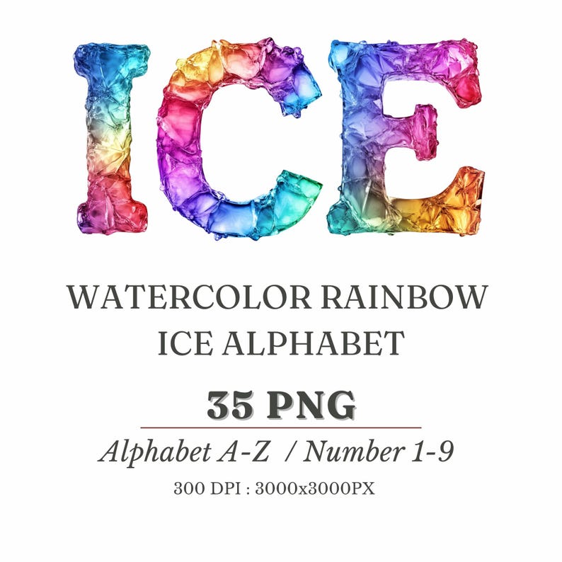 Watercolor Rainbow Ice Alphabet A-Z & Numbers 1-9 PNG, 3D Frozen Letter ...