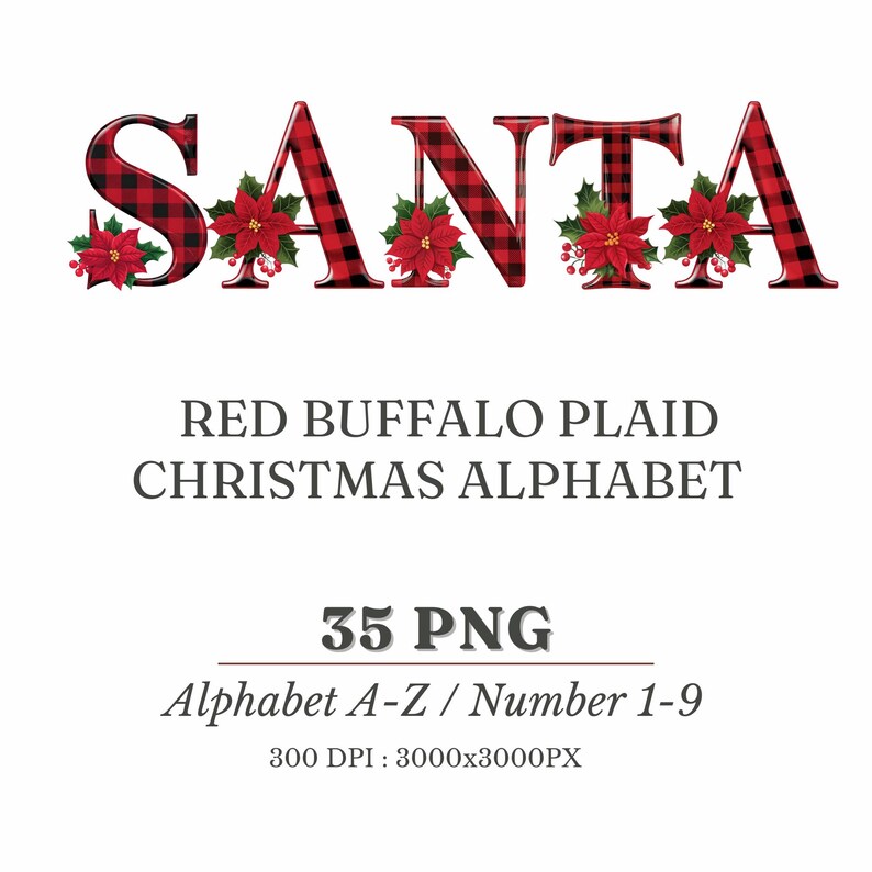 Red Buffalo Plaid Christmas Alphabet PNG: Holiday Clipart (digital ...
