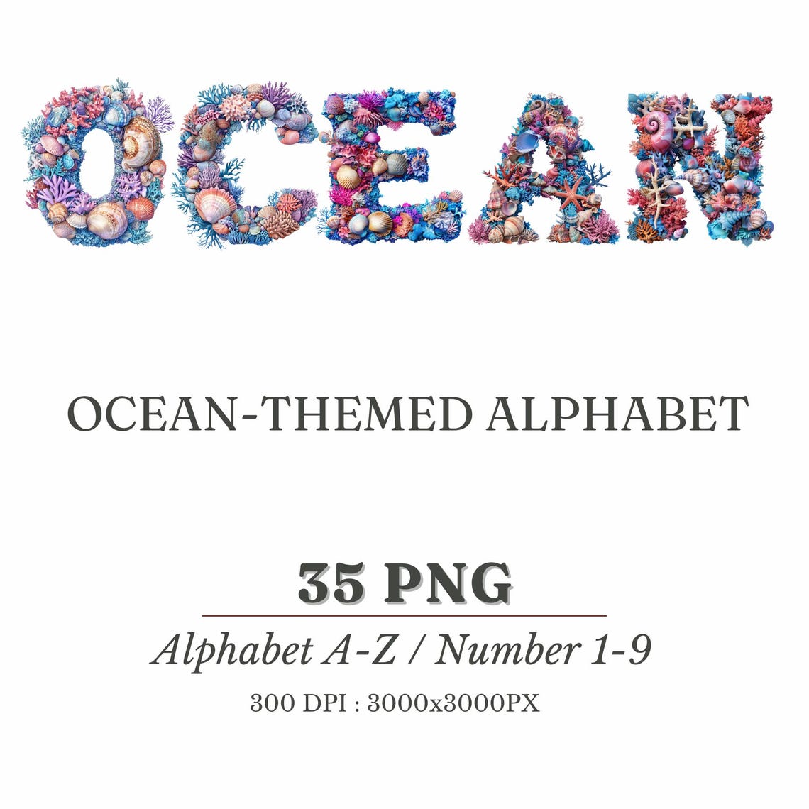 Ocean Alphabet Clip Art: Seashell Coral Letters (PNG Digital Download ...