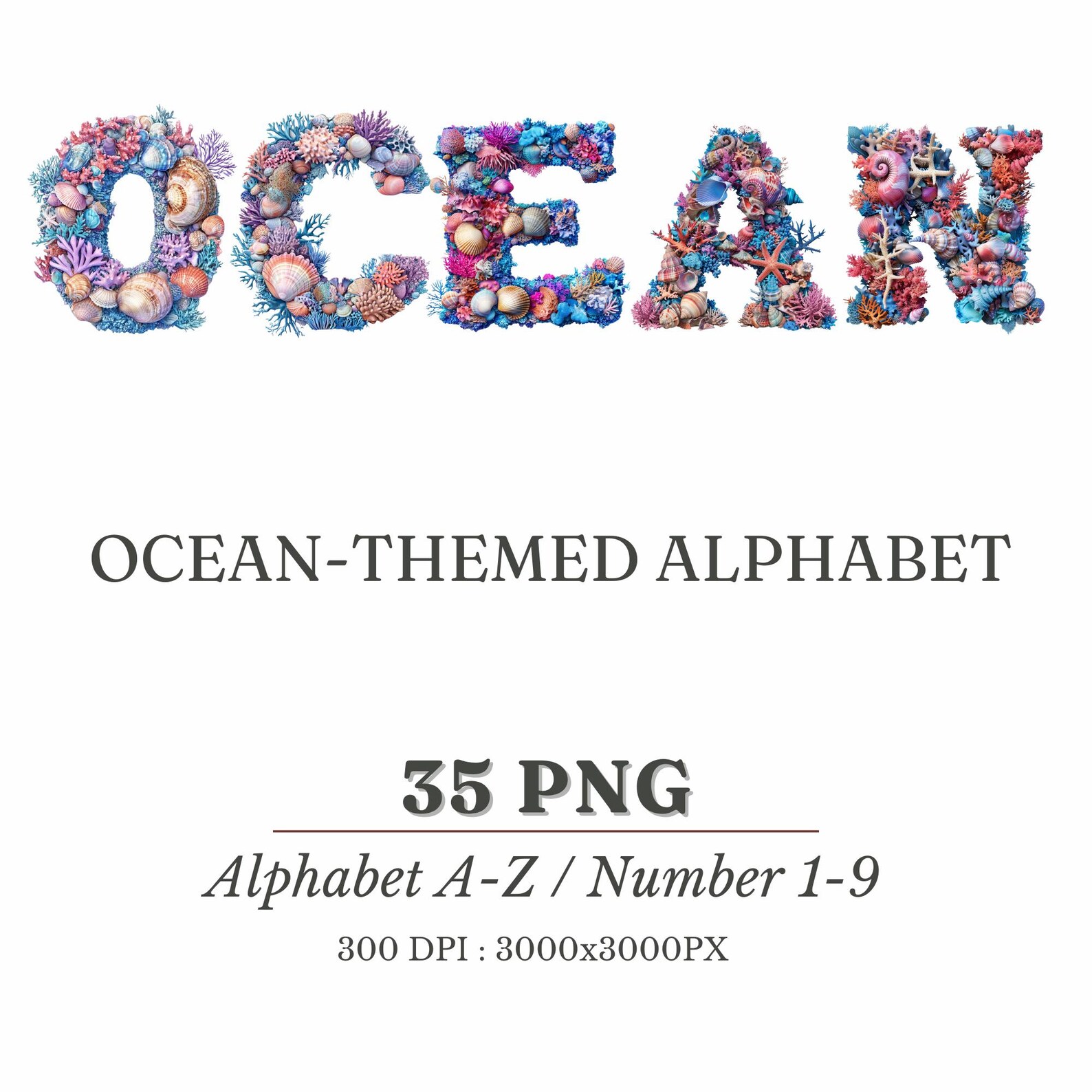 Ocean-themed Alphabet A-Z Numbers 1-9 Clip Art, Coral Reef Letters ...