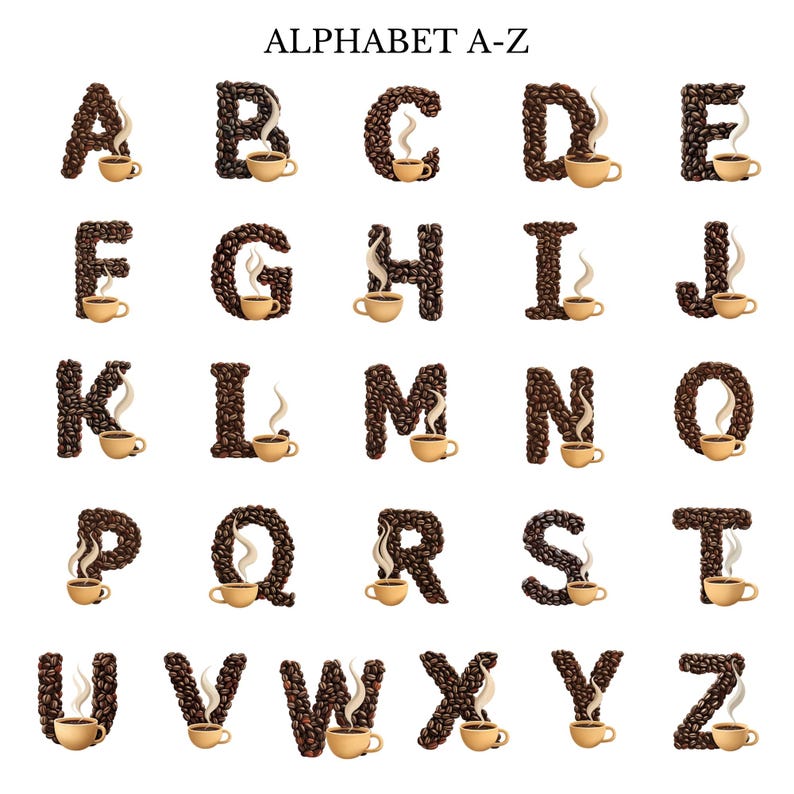 Coffee Bean Alphabet Letters A-Z & 1-9 PNG | Steaming Coffee Cup Letter ...