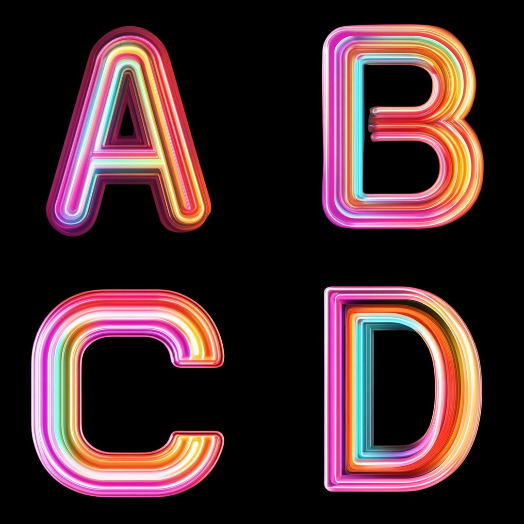Rainbow Neon Glowing Alphabet Clipart | 3D A-Z , 0-9 | Vibrant Neon ...