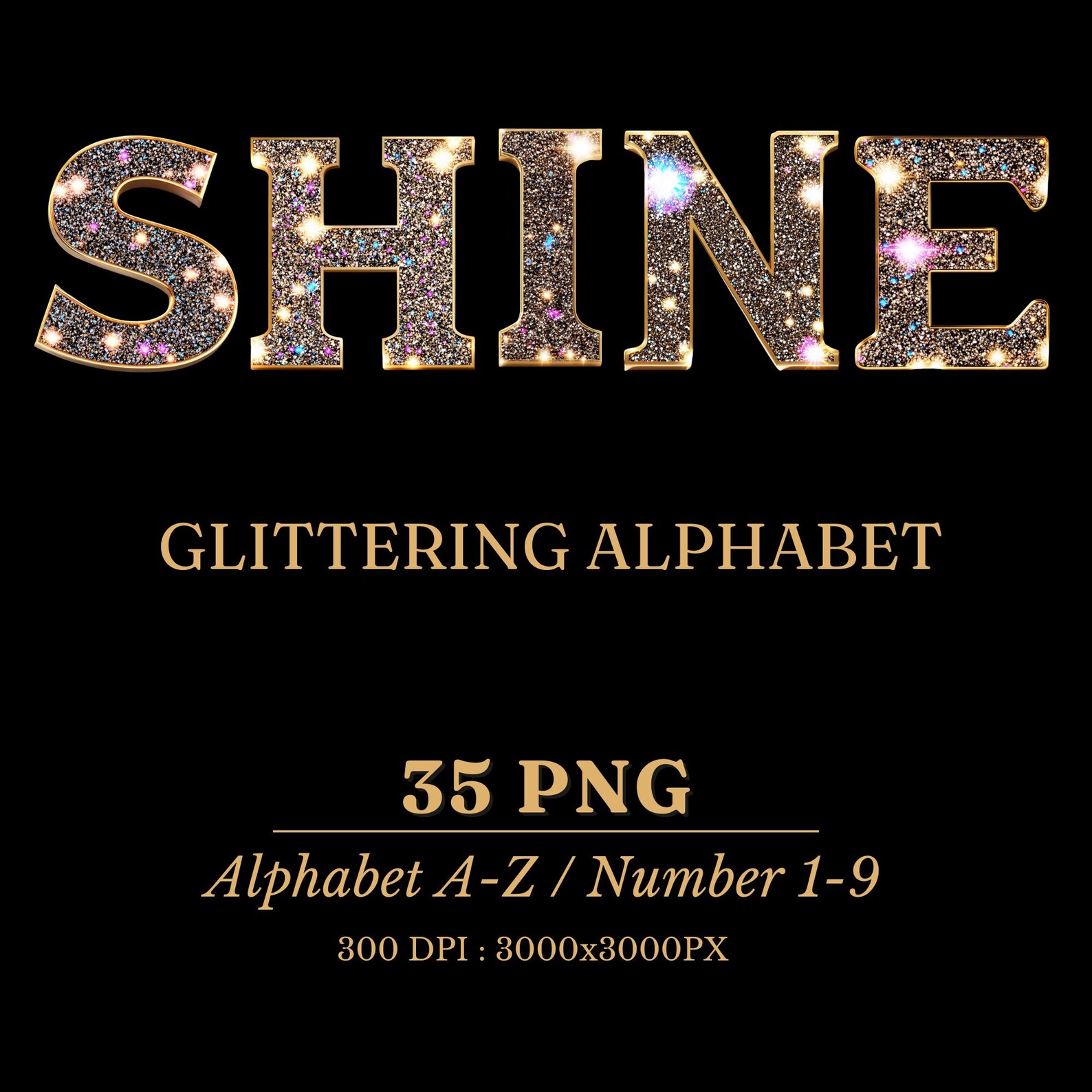 Glitter Alphabet Clip Art: Gold Edged Letters & Numbers (PNG Digital ...