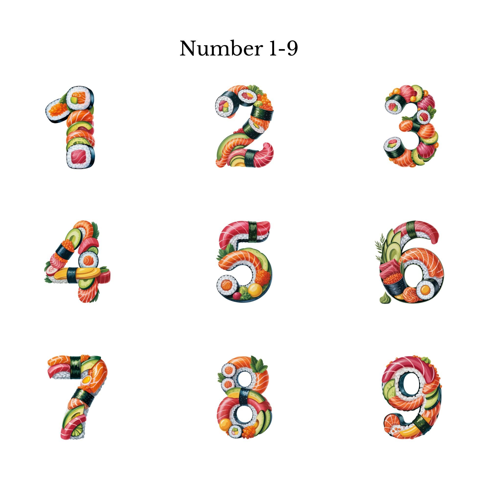 Sushi Alphabet Clipart: A-Z & 1-9 Kawaii Japanese Food Letters (300 DPI ...