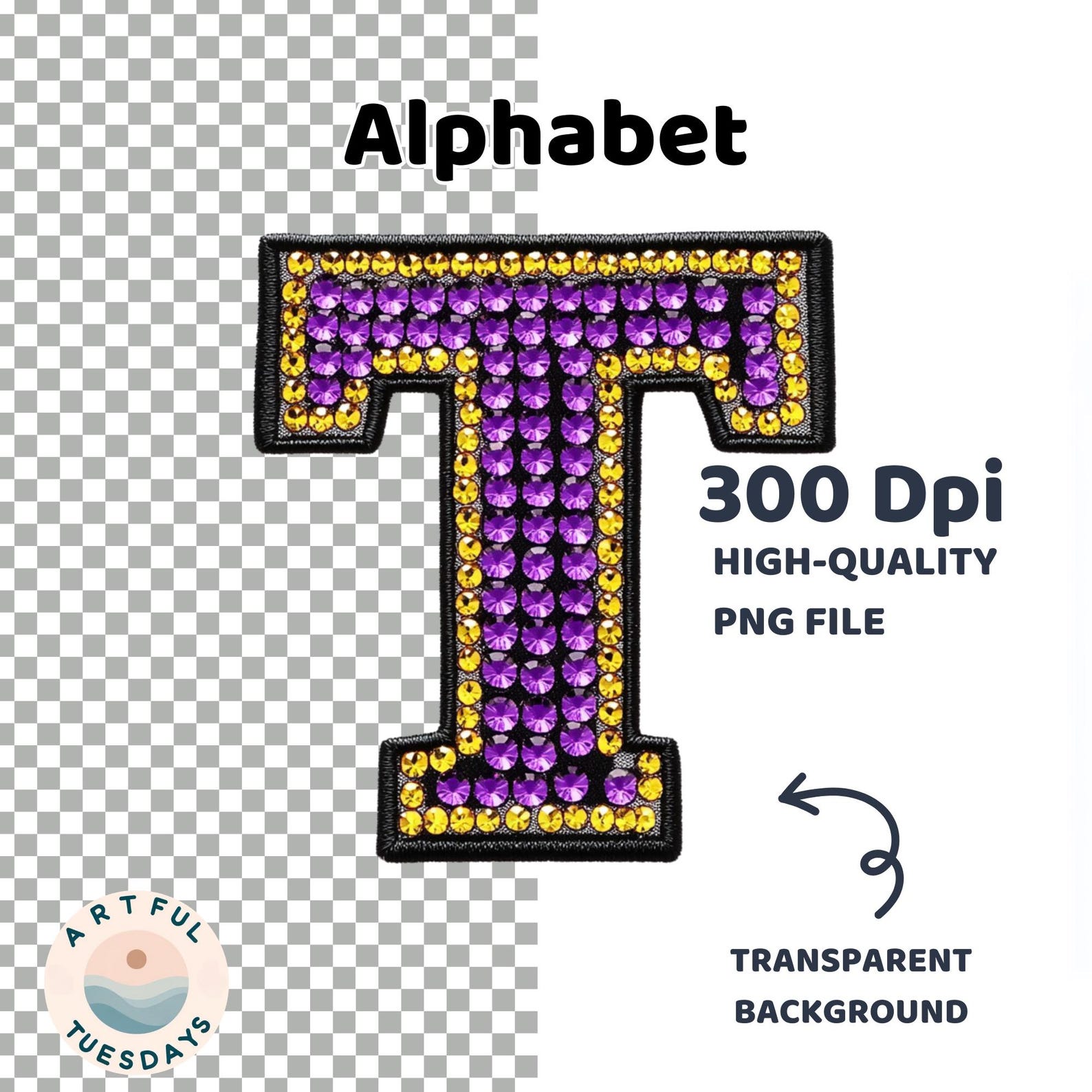 Rhinestone Alphabet Clipart: Purple & Yellow Glitter Letters (PNG, 300 ...