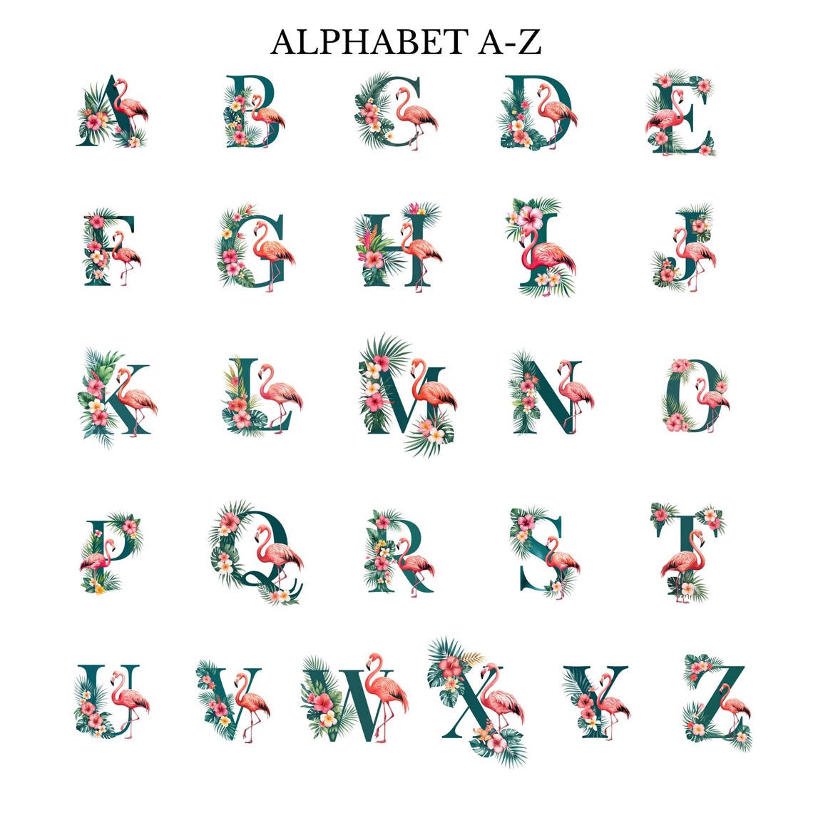 Tropical Flamingo Alphabet: Watercolor Letters & Numbers PNG (digital ...