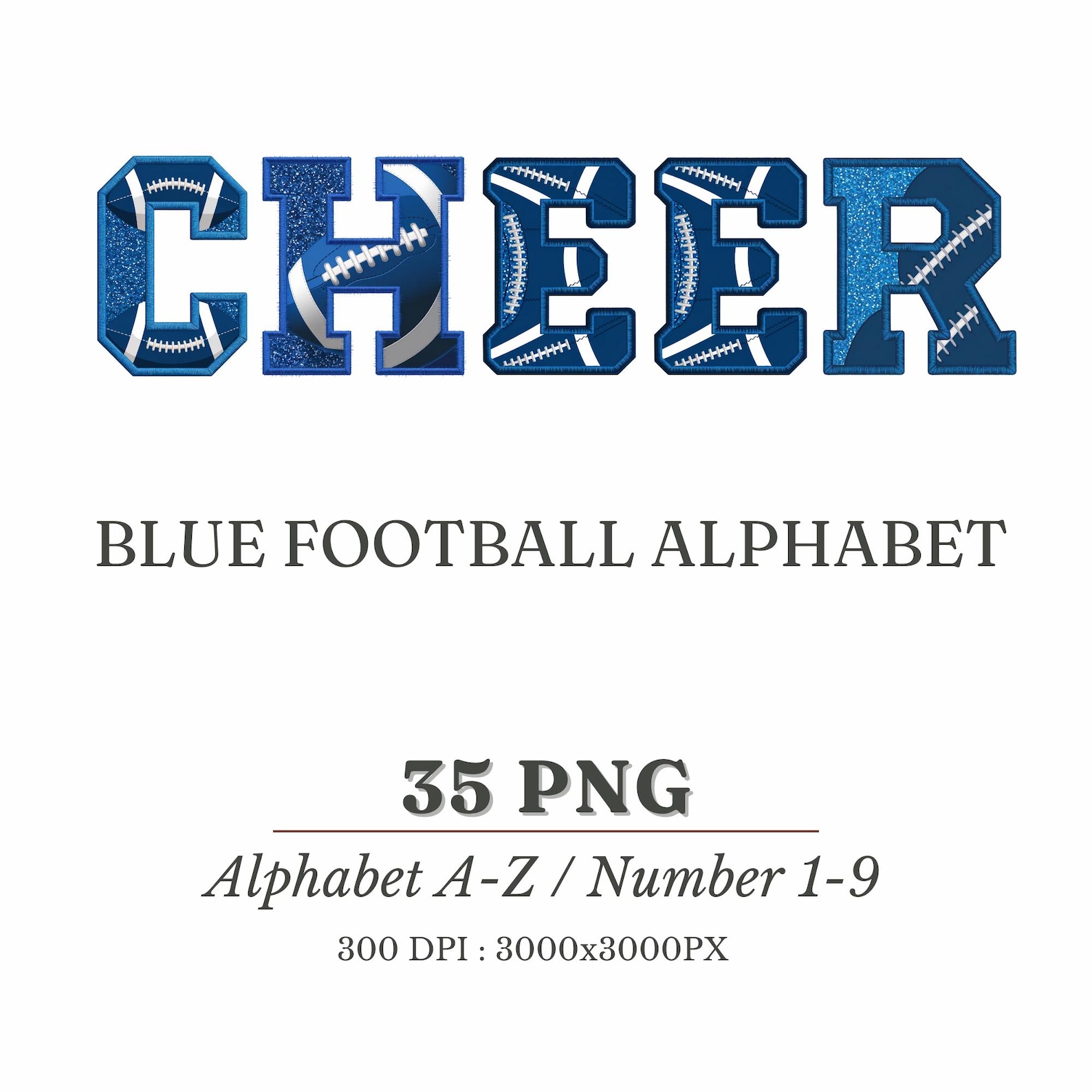 Blue Football Alphabet Letters A-Z, Numbers 0-9 | Faux Embroidery ...