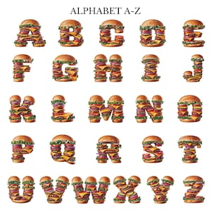 Burger Alphabet Clipart: Cheeseburger Letters & Numbers PNG (digital ...