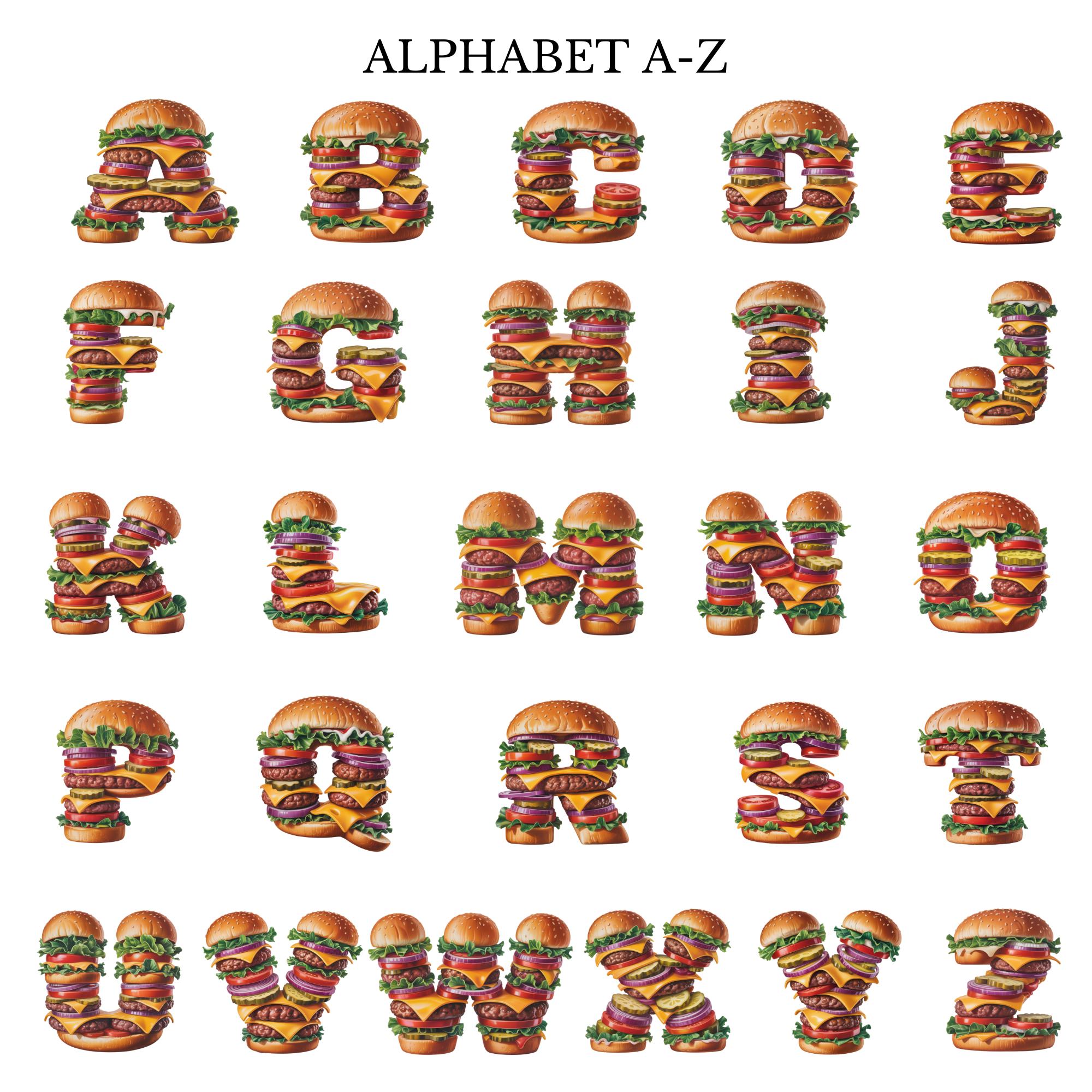Burger Alphabet Clipart: Cheeseburger Letters & Numbers PNG (digital ...