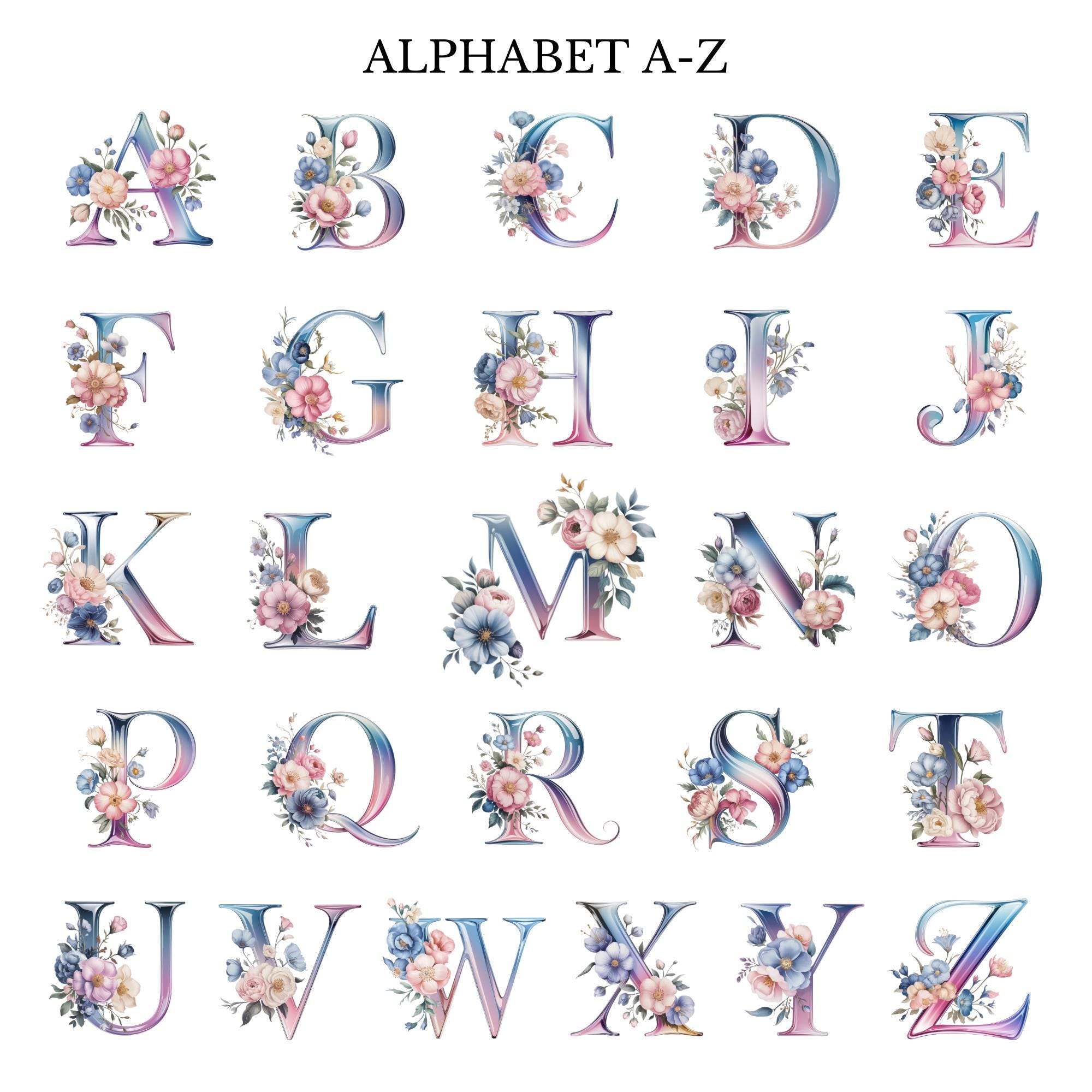 Pastel Floral Alphabet Letters A-Z Numbers 1-9 Clip Art - 300 DPI PNG ...