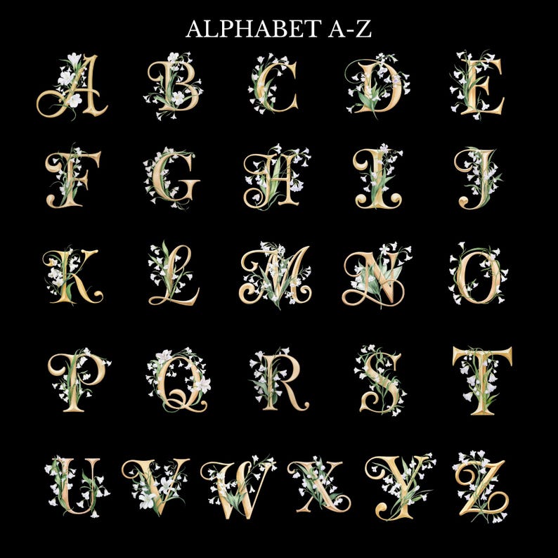 Lily of the Valley Alphabet & Numbers Clip Art, Gold Letters A-Z, 1-9 ...