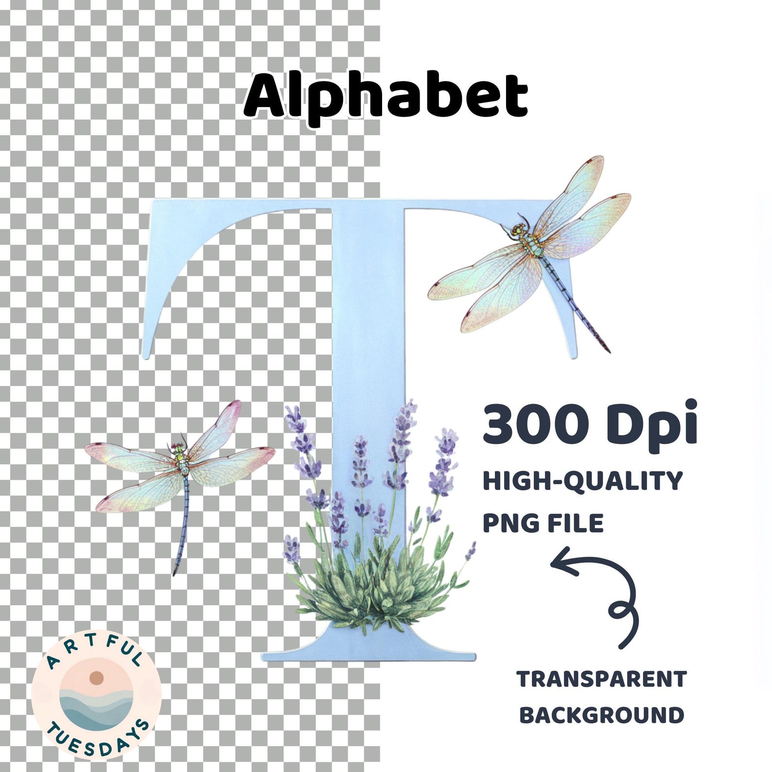Dragonfly Alphabet Clipart: Lavender Floral Watercolor PNG (digital ...