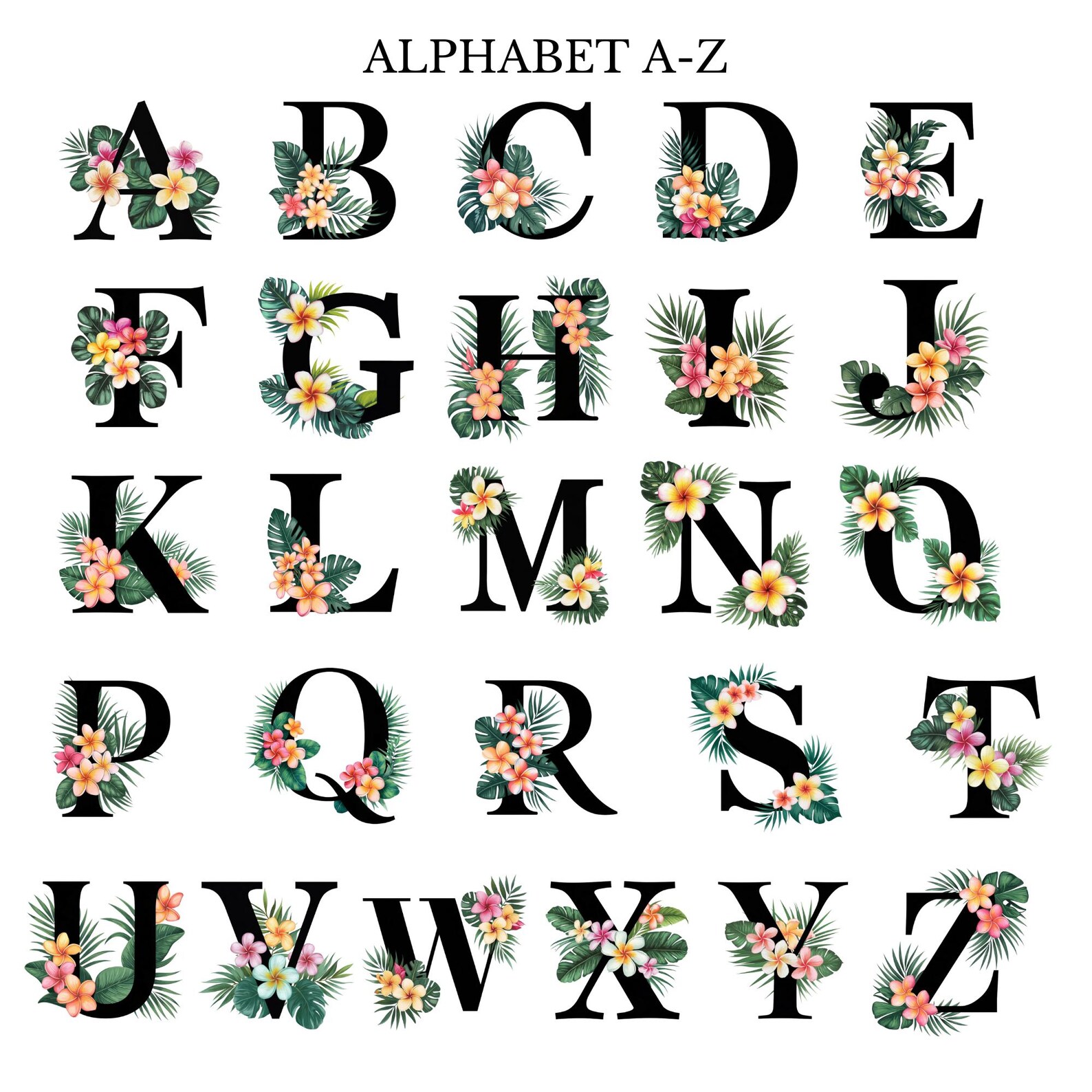 Tropical Floral Alphabet Clipart: Plumeria & Palm Letters (PNG, 300 DPI ...