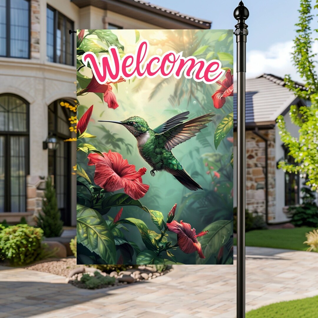 Welcome Hummingbird & Hibiscus Garden Flag - Tropical Bird Floral ...